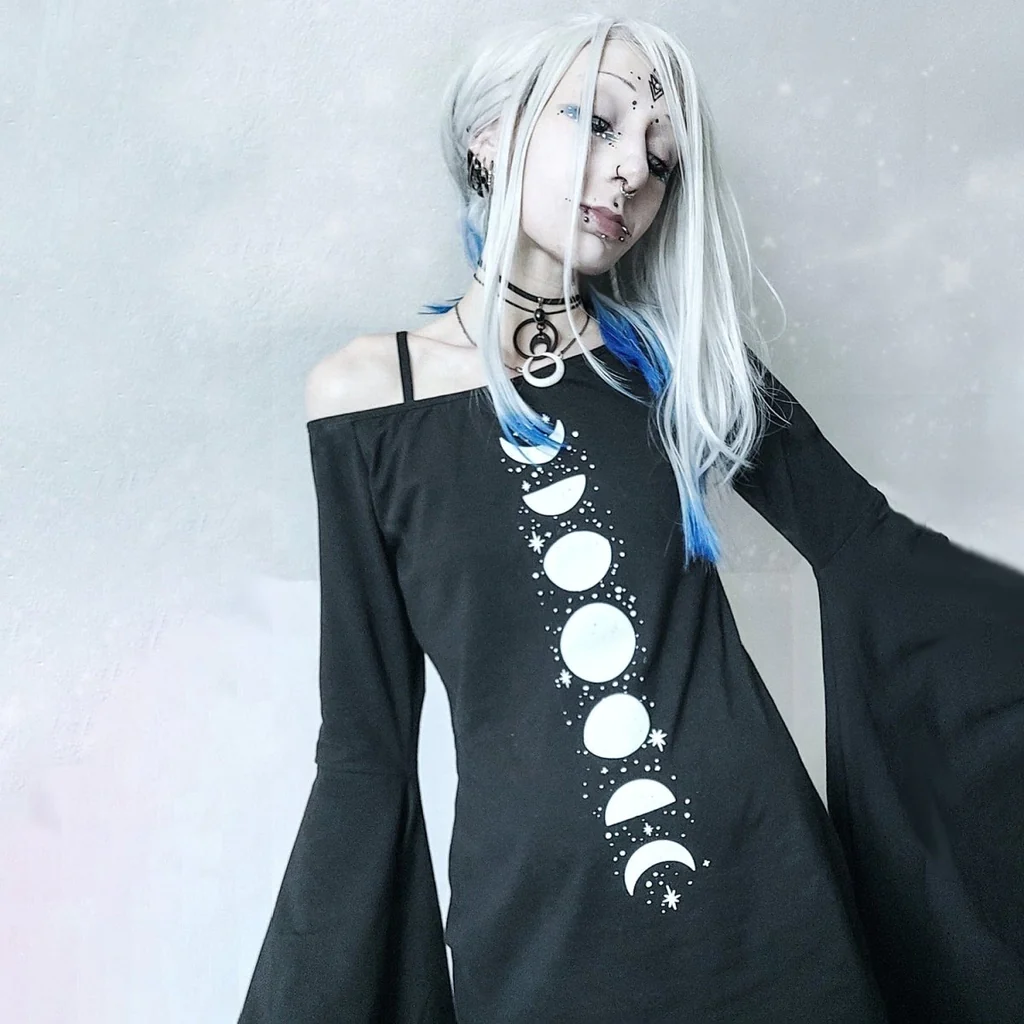 PHASES OF THE MOON AND STARS HELLZ BELLZ BELL SLEEVE DRESS | Rage Parade